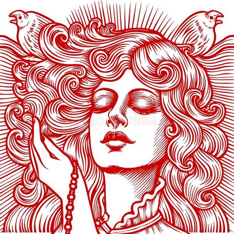 elegant woman flowing hair black illustration etching vintage vector sketch stock vector