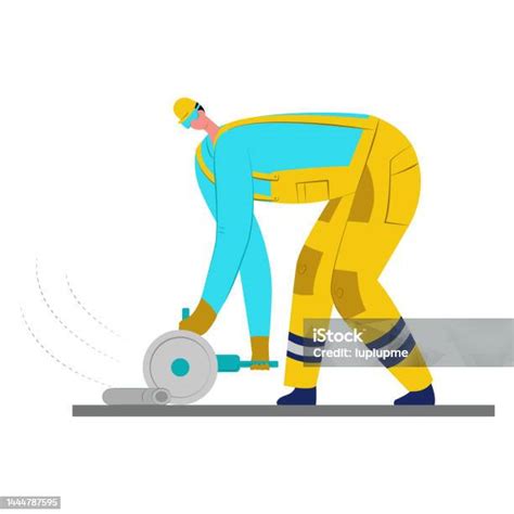 남성 전문 건축업자는 불가리아 전기 원형 톱 앵글 그라인더 헬멧 평면 벡터 삽화를 보호하는 남자 흰색에 격리 강철에 대한 스톡 벡터 아트 및 기타 이미지 Istock