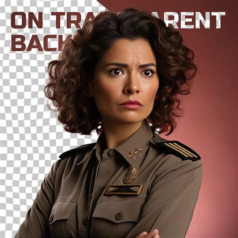 육군 장교 의복을 입은 히스패닉 인종의 파란색 머리카락을 가진 혼란스러운 중년 여성이 파스텔 베이지 배경에 대해 Sideways Glance 스타일로 포즈를 취합니다