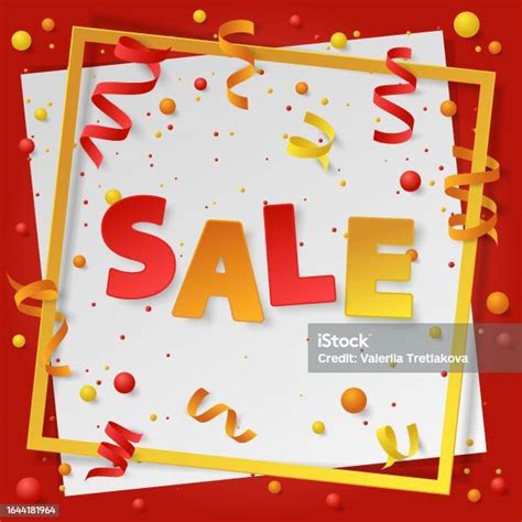 종이 프레임 유색 먼지 색종이 공과 구불구불한 색 리본 및 글자가 있는 카드 판매 흰색과 빨간색 배경에 벡터 그림입니다 배너