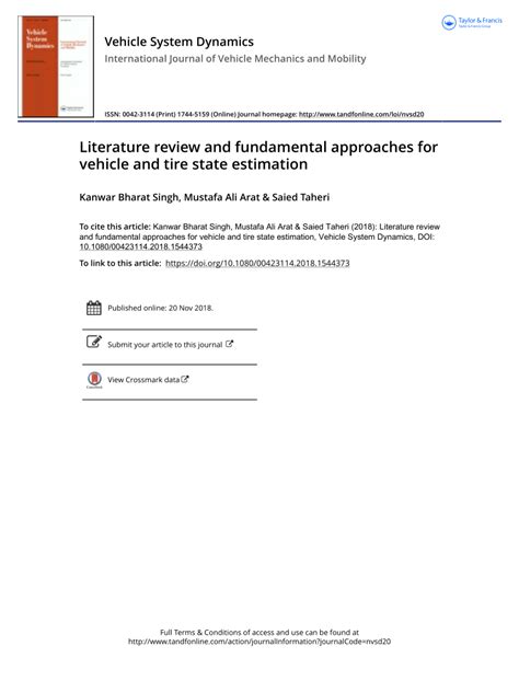 Pdf Literature Review And Fundamental Approaches For Vehicle And Tire State Estimation