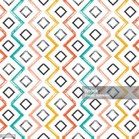 다채로운 사각형과 지그재그 페인트 브러시 스트로크 원활한 패턴 벡터 추상 그런 지 배경 0명에 대한 스톡 벡터 아트 및 기타