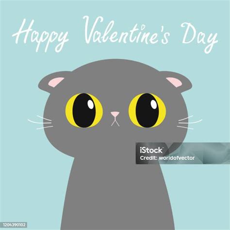 해피 발렌타인 데이 영국 쇼트 헤어 고양이 둥근 머리 얼굴 몸 귀여운 재미있는 만화 캐릭터 큰 노란색 눈 키티 수염 아기 애완