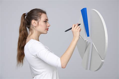 Woman Shows A Pie Chart Circle Diagram Business Analytics Concept Stock