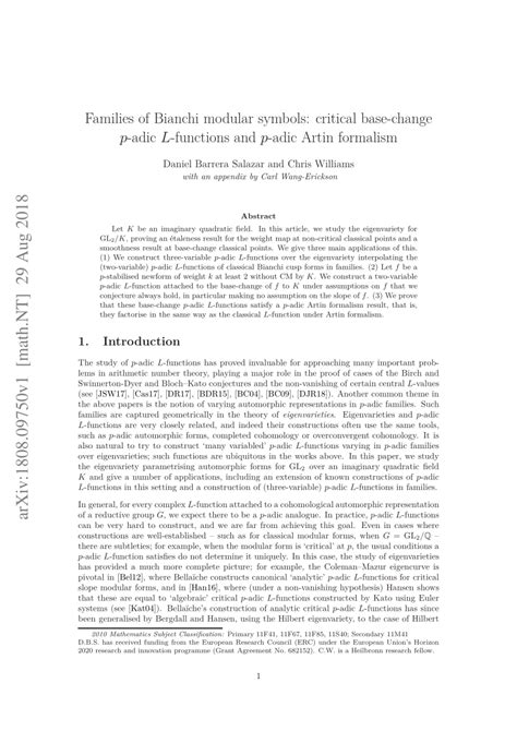 PDF Families Of Bianchi Modular Symbols Critical Base Change P Adic L Functions And P Adic