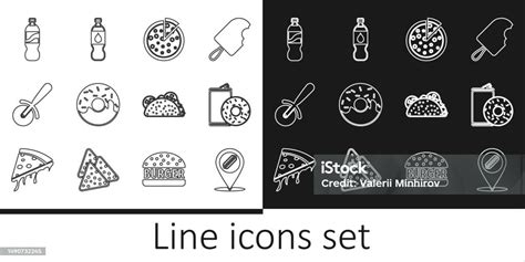 핫도그 알루미늄 캔 소다와 도넛 피자 도넛 칼 물병 타코 또띠아 및 아이콘으로 라인 위치를 설정합니다 벡터 0명에 대한 스톡 벡터 아트 및 기타 이미지 Istock