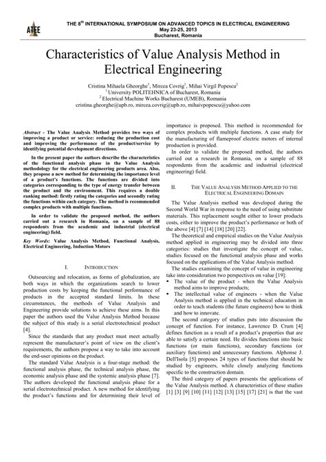 Pdf Characteristics Of Value Analysis Method In Electrical Engineering