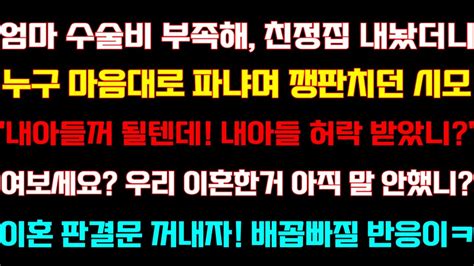 반전 신청사연 엄마 수술비 부족해 친정집 내놨더니 깽판 치던 시모 이혼 판결문 꺼내자 배꼽 빠질 반응이ㅋ실화사연사연낭독라디오드라마신청사연 라디오사이다썰