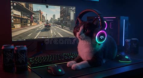 Gaming Cat A Night Of Virtual Adventures Stock Illustration