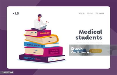 의학 학생 방문 페이지 템플릿 거대한 책에 노트북에 흰색 가운 작업에서 작은 의료 인턴 남성 캐릭터 간호사에 대한 스톡 벡터 아트 및 기타 이미지 Istock
