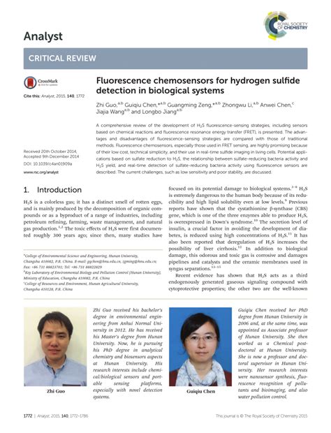 Pdf Fluorescence Chemosensors For Hydrogen Sulfide Detection In Biological Systems
