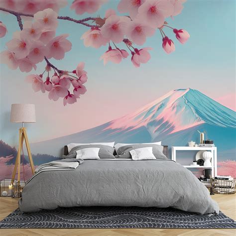 Zen Japanese Cherry Blossom Mural Wallpaper Mount Fuji And Pink Cher
