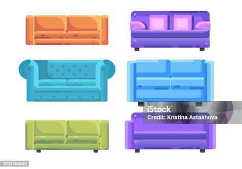 소파 색 벡터 세트입니다 인테리어 디자인에 대한 흰색 배경에 고립 된 편안한 소파 컬렉션 플랫 만화 스타일의 일러스트레이션입니다 0명에 대한 스톡 벡터 아트 및 기타 이미지