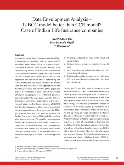Pdf Data Envelopment Analysis Is Bcc Model Better Than Ccr Model Case Of Indian Life