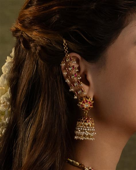 Jadau Kundan Pearl Jhumkas With Ear Chains From Kruthika Jewellery • South India Jewels