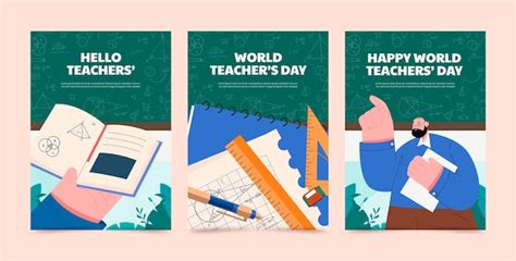 세계 교사의 날을 위한 플랫 인사말 카드 컬렉션 무료 벡터