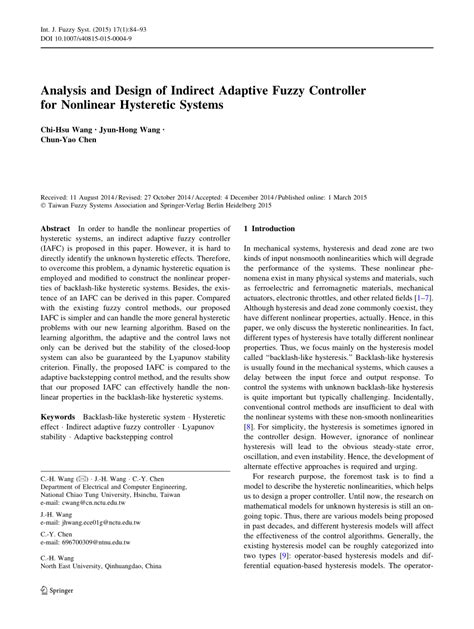 Pdf Analysis And Design Of Indirect Adaptive Fuzzy Controller For Nonlinear Hysteretic Systems