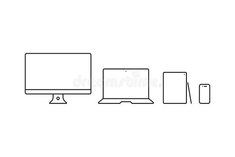 Set Of Outline Electronic Devices Laptop Tablet Computer TV Vector Illustrations Sofa And