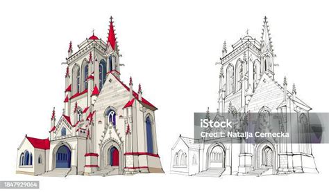 색칠을 위한 다채롭고 흑백 템플릿입니다 중세 프랑스 대성당의 판타지 일러스트레이션입니다 고대 건축물 어린이와 성인을 위한 색칠하기 책용 워크시트 평면 만화 벡터 0명에 대한