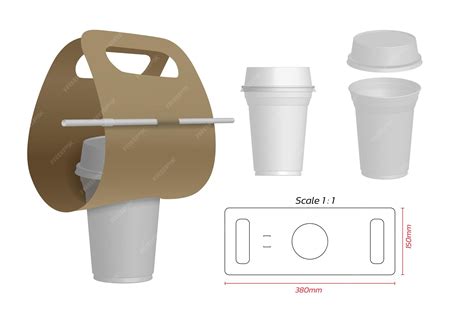 테이크 아웃용 홀더 크래프트 종이가 있는 커피 플라스틱 컵 포장 치수 3d 모형 프리미엄 벡터
