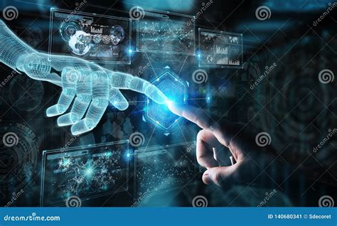 wireframed robot hand and human hand touching digital graph interface on dark 3d rendering stock