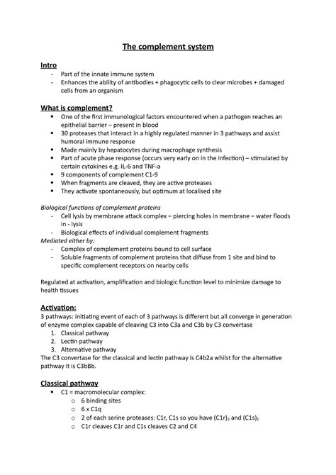 The Complement System Lecture Notes The Complement System Intro Part Of The Innate Immune