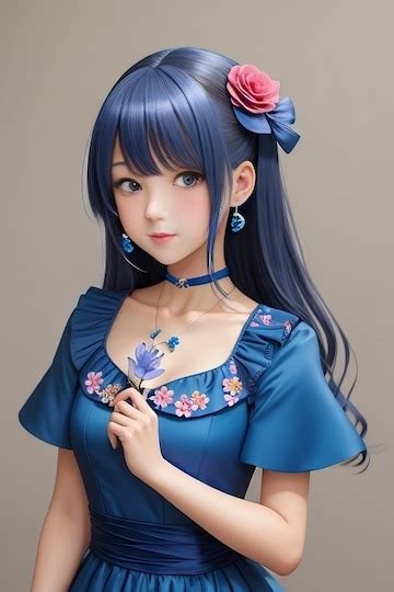 Premium Ai Image Anime Girl In A Blue Dress With A Flower