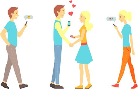 데이트 세트 가상 관계 커플 채팅 온라인 그들의 가젯 벡터 일러스트에 대 한 모바일 응용 프로그램을 사용 하 여 사람들 데이트에 대한 스톡 벡터 아트 및 기타 이미지
