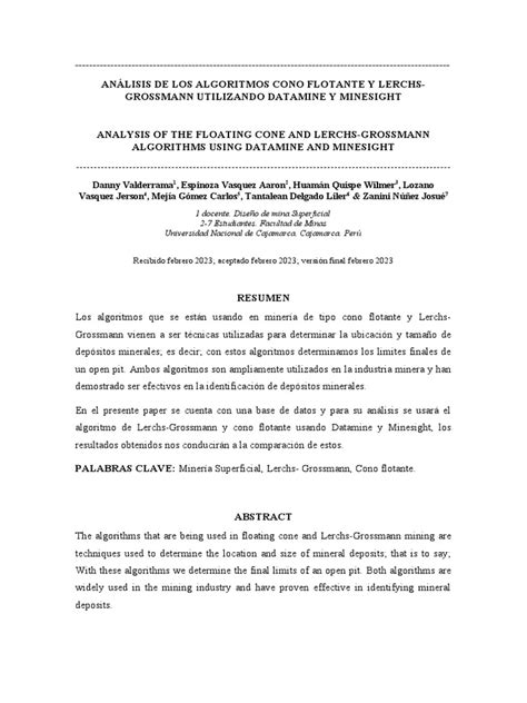 Análisis Comparativo De Algoritmos Lerchs Grossmann Y Cono Flotante En Datamine Y Minesight