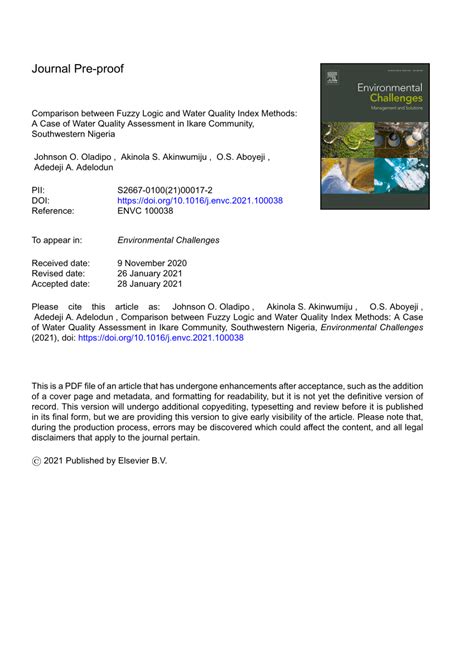 Pdf Comparison Between Fuzzy Logic And Water Quality Index Methods A Case Of Water Quality