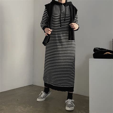단가라 니트 후드 롱 원피스 스판좋은 H라인 맥시기장 심플한 이지룩 에이블리