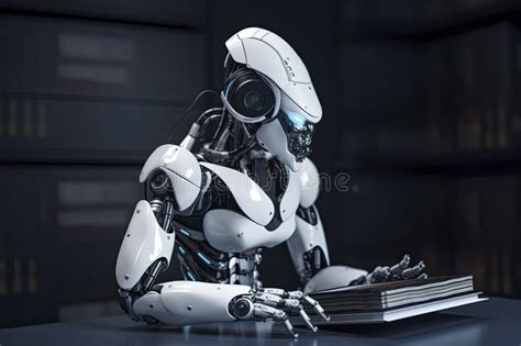 Robot Exploring New Bit Of Information And Reading Book Concept Of Machine Learning Stock