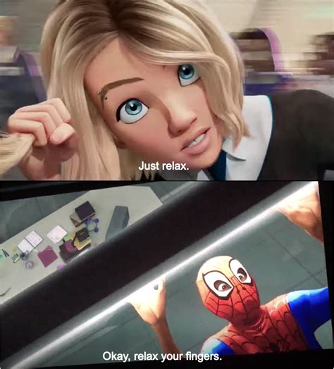 In Into The Spider Verse When Miles Has His Fingers Stuck In Gwen S Hair She Tells Him