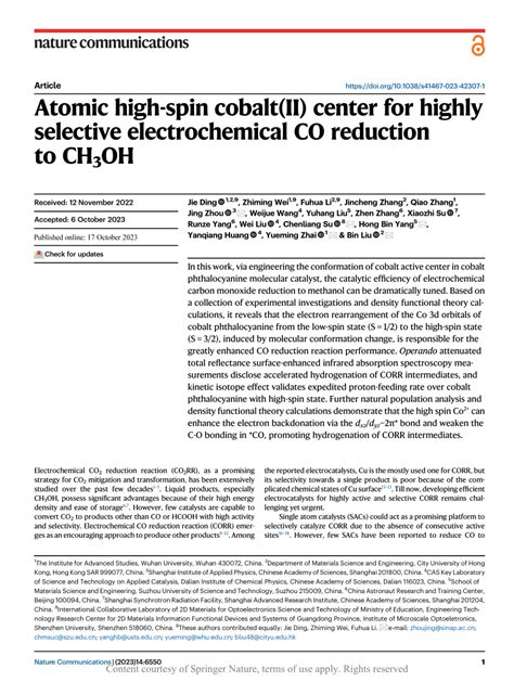 Pdf Atomic High Spin Cobaltii Center For Highly Selective Electrochemical Co Reduction To Ch3oh