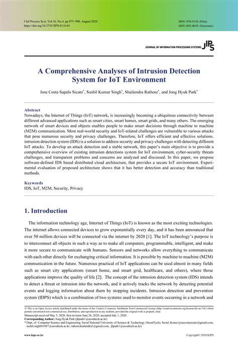 PDF A Comprehensive Analyses Of Intrusion Detection System For IoT Environment