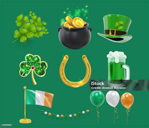 성 패트릭의 날을 위한 상징 및 요소 집합입니다 3d 아이콘 녹색 원뿔 모자 맥주 맥주 잔 금 세 잎 및 네 잎 클로버 깃발 말굽 가마솥 벡터 일러스트 레이 션 0명에 대한