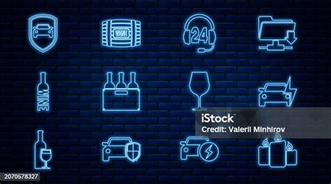 세트 라인 불타는 양초 전기 자동차 지원 용 헤드폰 와인 상자 병 자동차 보호 보험 와인 잔 및 나무 배럴 아이콘 벡터 24에 대한 스톡 벡터 아트 및 기타 이미지 Istock