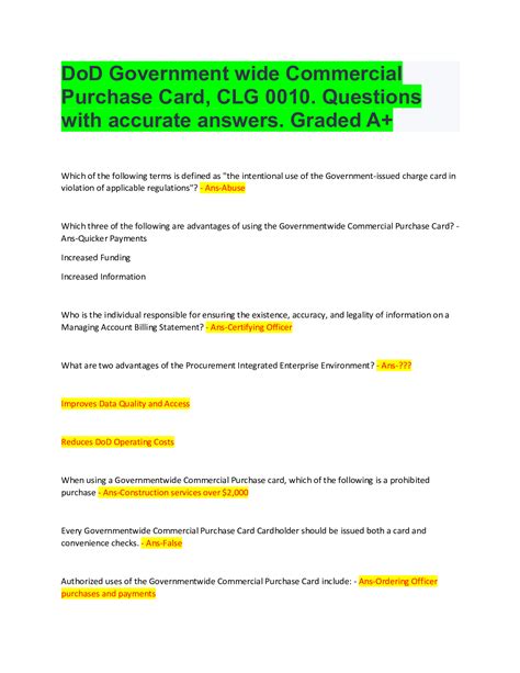 Dod Government Wide Commercial Purchase Card Clg 0010 Questions With Accurate Answers Graded