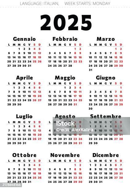 2025 년 달력 이탈리아어 12 개월로 검은 색과 빨간색 색상의 인쇄 가능한 벡터 일러스트 레이 션 이탈리아 0명에 대한 스톡 벡터 아트 및 기타 이미지 Istock
