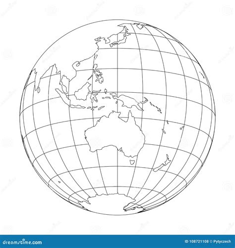 Outline Earth Globe With Map Of World Focused On Australia And Oceania Vector Illustration