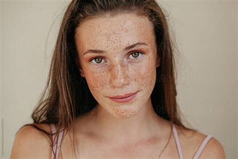 Crop Face Natural Beauty Portrait Of Girl With Freckles By Liliya Rodnikova