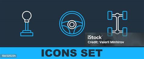 라인 섀시 자동차 기어 시프터 및 스티어링 휠 아이콘을 설정합니다 벡터 개념에 대한 스톡 벡터 아트 및 기타 이미지 개념