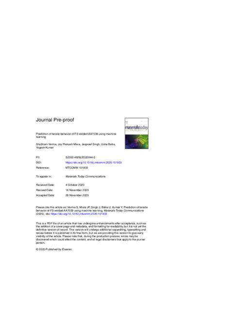 Pdf Prediction Of Tensile Behavior Of Fs Welded Aa7039 Using Machine Learning