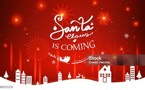 산타 클로스가 오고 축제 불꽃놀이 메리 크리스마스와 해피 뉴가 어 붉은 밤 장면 포스터 서 예 겨울 휴가 추상적인 배경 벡터 일러스트 레이 션 산타 클로스에 대한 스톡 벡터