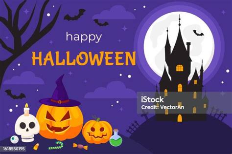 벡터 해피 할로윈 배너 템플릿입니다 휴일 배경입니다 만화 오렌지 호박 마녀 모자 박쥐 무서운 나무 사탕 보름달 성 배경 전단지 이벤트 포스터 텍스트 배치 10월에 대한 스톡