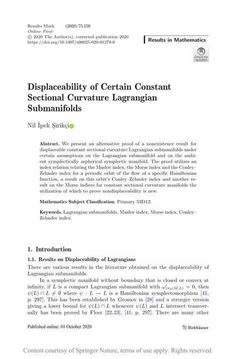 Displaceability Of Certain Constant Sectional Curvature Lagrangian Submanifolds Request Pdf