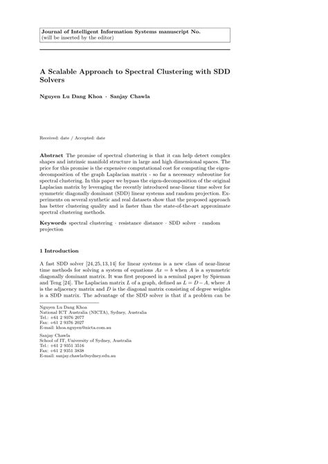 Pdf A Scalable Approach To Spectral Clustering With Sdd Solvers