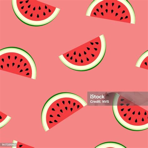 분홍색 배경에 고립 된 수박 조각 벡터 원활한 패턴 일러스트레이션 달콤한 음식 아이콘 여름 분위기 패션 현대 직물 옷 직물 종이를위한 귀여운 여름 인쇄 디자인 벽지 0명에