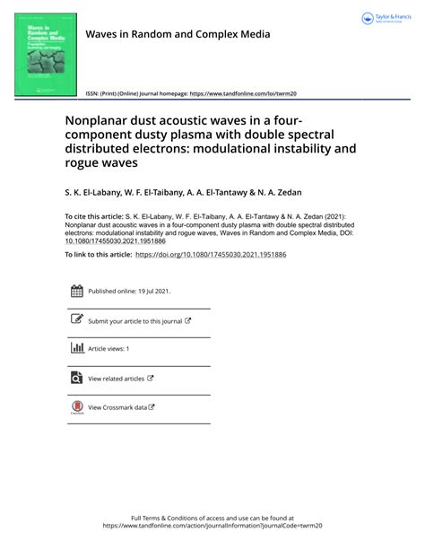Pdf Nonplanar Dust Acoustic Waves In A Four Component Dusty Plasma With Double Spectral