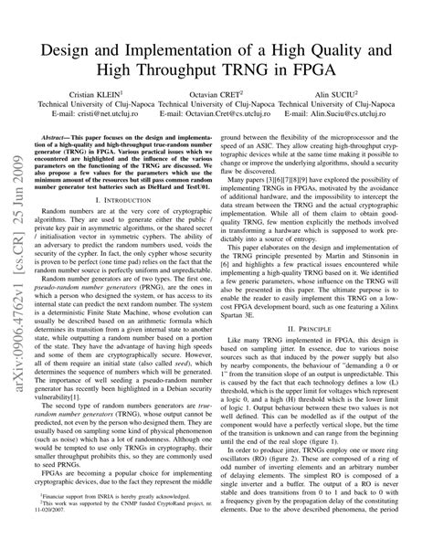 Pdf Design And Implementation Of A High Quality And High Throughput Trng In Fpga